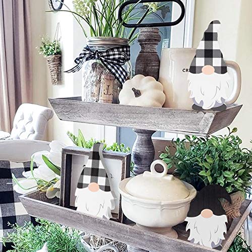 3pcs Black&White Gnome Wooden Sign Plaid Gnome Wooden Freestanding Table Decoration Double Printed Gnome Tabletop Centerpiece Ornament for Home Party Desk Office Decoration