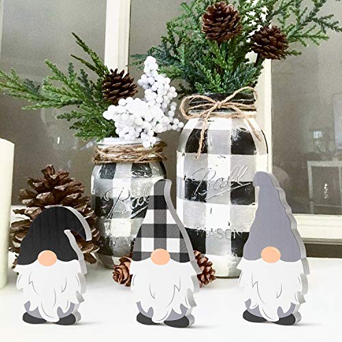 3pcs Black&White Gnome Wooden Sign Plaid Gnome Wooden Freestanding Table Decoration Double Printed Gnome Tabletop Centerpiece Ornament for Home Party Desk Office Decoration