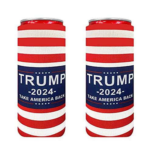 XccMe Trump 2024 Take America Back 2pcs Slim Can Cooler,Neoprene Beer Cooler Beer Holders Perfect for 12oz Slim Cans like Red Bull, White Claw, Slim Beer and Spiked Seltzer Water (Red 2)