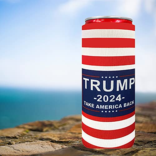 XccMe Trump 2024 Take America Back 2pcs Slim Can Cooler,Neoprene Beer Cooler Beer Holders Perfect for 12oz Slim Cans like Red Bull, White Claw, Slim Beer and Spiked Seltzer Water (Red 2)