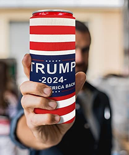 XccMe Trump 2024 Take America Back 2pcs Slim Can Cooler,Neoprene Beer Cooler Beer Holders Perfect for 12oz Slim Cans like Red Bull, White Claw, Slim Beer and Spiked Seltzer Water (Red 2)