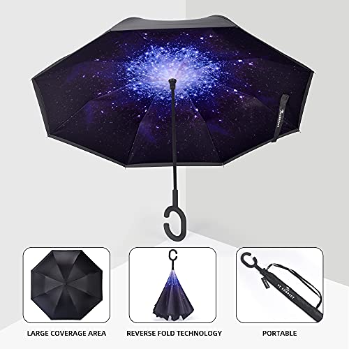 SY COMPACT Inverted Umbrella Windproof Double Layer Reverse Umbrellas with C-Shaped Handle Straight Umbrella for Car Rain(Starry Sky)