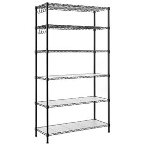 songmics garage shelving, 6-tier wire shelving unit, kitchen storage rack with adjustable shelves, shelf liners, 8 hooks, total max. load 528 lb, for living room, garage, black ulgr096b01