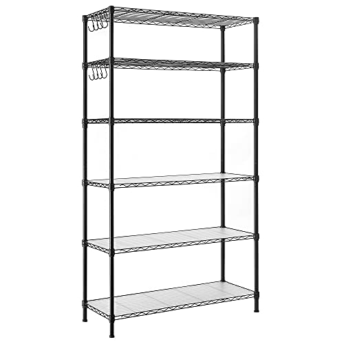 SONGMICS Garage Shelving, 6-Tier Wire Shelving Unit, Kitchen Storage Rack with Adjustable Shelves, Shelf Liners, 8 Hooks, Total Max. Load 528 lb, for Living Room, Garage, Black ULGR096B01