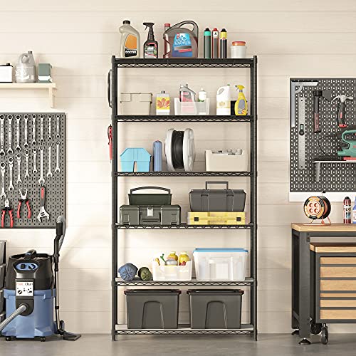 SONGMICS Garage Shelving, 6-Tier Wire Shelving Unit, Kitchen Storage Rack with Adjustable Shelves, Shelf Liners, 8 Hooks, Total Max. Load 528 lb, for Living Room, Garage, Black ULGR096B01