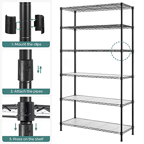 SONGMICS Garage Shelving, 6-Tier Wire Shelving Unit, Kitchen Storage Rack with Adjustable Shelves, Shelf Liners, 8 Hooks, Total Max. Load 528 lb, for Living Room, Garage, Black ULGR096B01