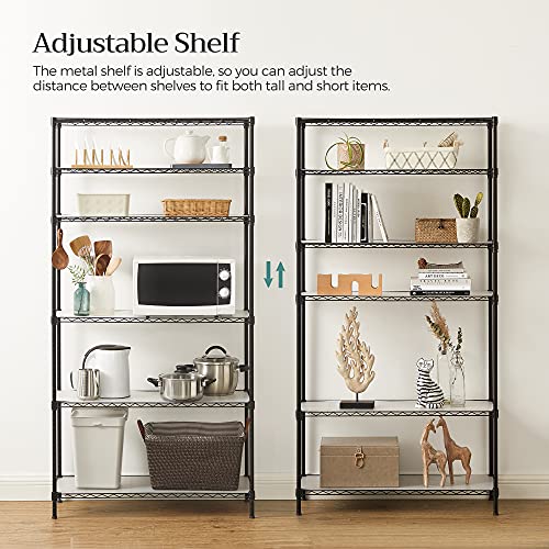 SONGMICS Garage Shelving, 6-Tier Wire Shelving Unit, Kitchen Storage Rack with Adjustable Shelves, Shelf Liners, 8 Hooks, Total Max. Load 528 lb, for Living Room, Garage, Black ULGR096B01