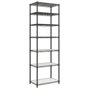 songmics 7-tier metal storage shelves, wire shelving unit, adjustable shelves, garage shelving, kitchen, living room storage rack, shelf liners, 8 hooks, total max. load 616 lb, black ulgr067b01