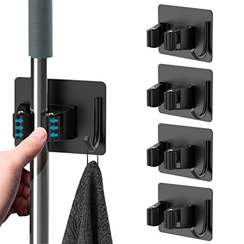 HOMEASY Mop Broom Holder No Drill SUS304 Stainless Steel, Mop Broom Organizer Wall Mounted Heavy Duty with Hooks Hanger, Storage Rack Self Adhesive 4Pcs for Bathroom, Kitchen, Office, Black