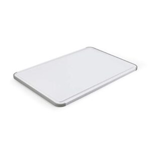 kitchenaid classic plastic cutting board with perimeter trench and non slip edges, dishwasher safe, 12 inch x 18 inch, white and gray