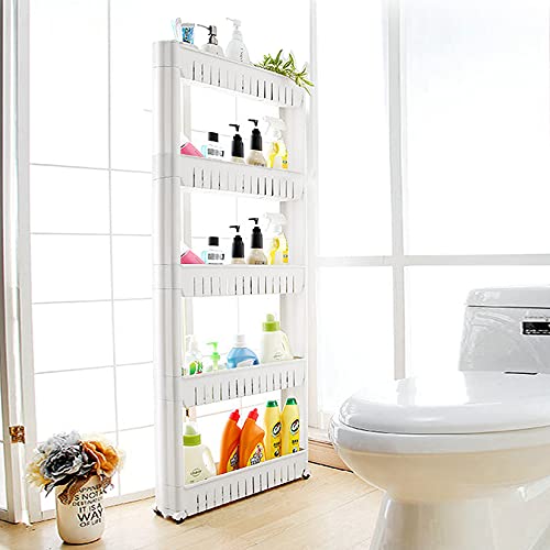 Laundry Room Organizer, Mobile Shelving Unit Organizer with 5 Large Storage Baskets, Gap Storage Slim Slide Out Pantry Storage Rack for Narrow Spaces/B-White/5 Tier Slim