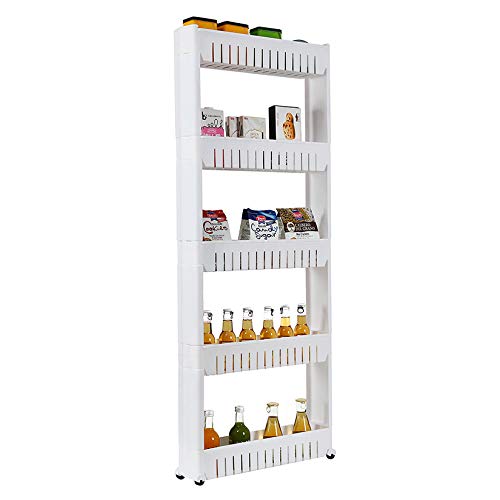 Laundry Room Organizer, Mobile Shelving Unit Organizer with 5 Large Storage Baskets, Gap Storage Slim Slide Out Pantry Storage Rack for Narrow Spaces/B-White/5 Tier Slim