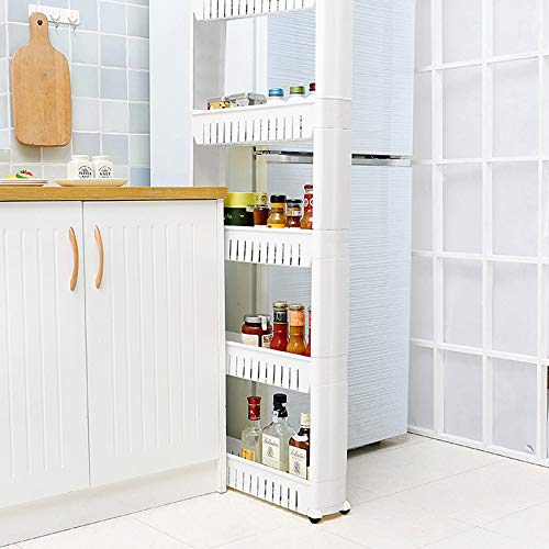 Laundry Room Organizer, Mobile Shelving Unit Organizer with 5 Large Storage Baskets, Gap Storage Slim Slide Out Pantry Storage Rack for Narrow Spaces/B-White/5 Tier Slim