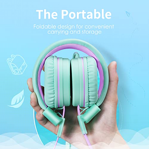 POWMEE P10 Kids Headphones with Microphone Stereo Headphones for Children Boys Girls,Adjustable 85dB/94dB Volume Control Foldable On-Ear Headphone with Microphone for School/PC/Cellphone(Green)