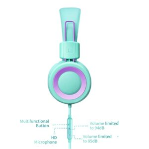 POWMEE P10 Kids Headphones with Microphone Stereo Headphones for Children Boys Girls,Adjustable 85dB/94dB Volume Control Foldable On-Ear Headphone with Microphone for School/PC/Cellphone(Green)