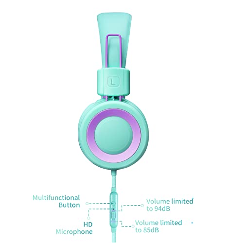 POWMEE P10 Kids Headphones with Microphone Stereo Headphones for Children Boys Girls,Adjustable 85dB/94dB Volume Control Foldable On-Ear Headphone with Microphone for School/PC/Cellphone(Green)