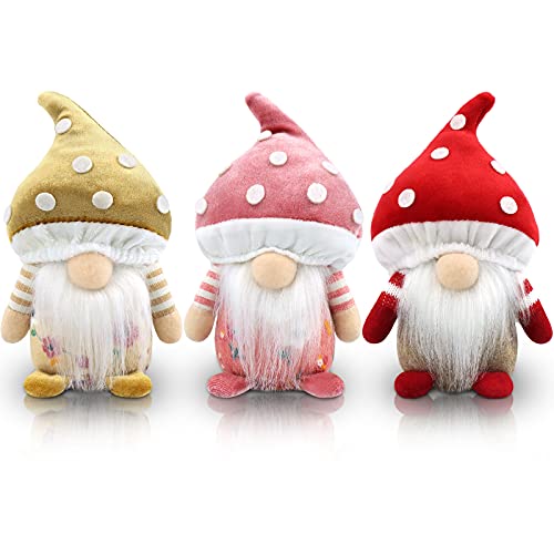 Gehydy Set of 3 Summer Mushroom Gnomes Plush Spring Decoration Gifts Holiday Handmade Scandinavian Tomte Stuffed Farmhouse Decor for Home Kitchen Tiered Tray