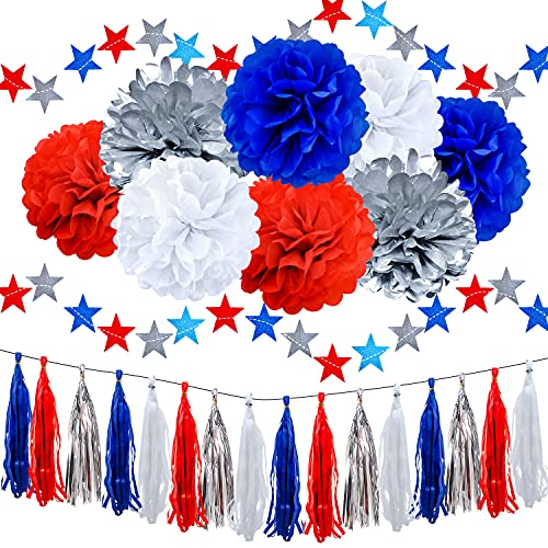 PheiLa 30 Pcs Tissue Paper Pom Poms Red White Navy Blue Silver Tassels Garland Glitter Stars Paper Garlands Patriotic Decorations Nautical Party Supplies Photo Booth Props Backdrop Door Wall Decor