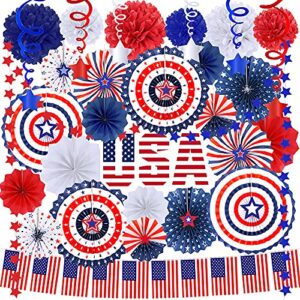 bulk patriotic red white blue party decoration assortment american usa flag banner star garland hanging paper fans hanging swirl tissue paper pom poms for 4th of july independence day memorial day