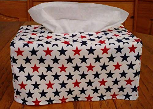 Tissue Box Cover, Rectangle, Patriotic Bold Red And Blue Stars on White Fabric Tissue Box Cover, Handmade, Free Shipping