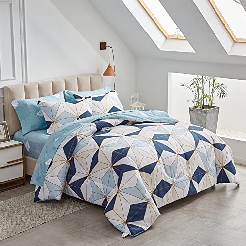 FlySheep Bed in a Bag 7 Pieces Queen Size, Modern Blue Triangles Geometric Style, Microfiber Comforter Sheet Set (1 Comforter, 1 Flat Sheet, 1 Fitted Sheet, 2 Pillow Shams, 2 Pillowcases)