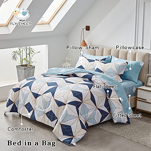 FlySheep Bed in a Bag 7 Pieces Queen Size, Modern Blue Triangles Geometric Style, Microfiber Comforter Sheet Set (1 Comforter, 1 Flat Sheet, 1 Fitted Sheet, 2 Pillow Shams, 2 Pillowcases)