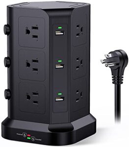 power strip tower by koosla, [15a 1500j] surge protector - 12 ac multiple outlets & 6 usb ports, flat plug 14 awg heavy-duty extension cord 6.5ft, home office supplies, dorm room essentials black