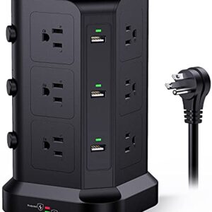 Power Strip Tower by KOOSLA, [15A 1500J] Surge Protector - 12 AC Multiple Outlets & 6 USB Ports, Flat Plug 14 AWG Heavy-Duty Extension Cord 6.5ft, Home Office Supplies, Dorm Room Essentials Black