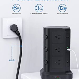 Power Strip Tower by KOOSLA, [15A 1500J] Surge Protector - 12 AC Multiple Outlets & 6 USB Ports, Flat Plug 14 AWG Heavy-Duty Extension Cord 6.5ft, Home Office Supplies, Dorm Room Essentials Black