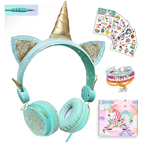 Girls Pink Unicorn Wired Headphones,Cute Cat Ear Kids Game Headset for Boys Teens Tablet Laptop PC,Over Ear Children Headset withMic,for School Birthday Xmas Gifts (Unicorn-Green)