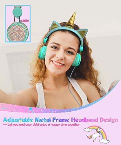 Girls Pink Unicorn Wired Headphones,Cute Cat Ear Kids Game Headset for Boys Teens Tablet Laptop PC,Over Ear Children Headset withMic,for School Birthday Xmas Gifts (Unicorn-Green)