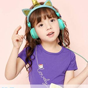 Girls Pink Unicorn Wired Headphones,Cute Cat Ear Kids Game Headset for Boys Teens Tablet Laptop PC,Over Ear Children Headset withMic,for School Birthday Xmas Gifts (Unicorn-Green)