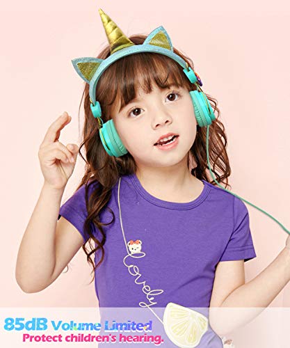 Girls Pink Unicorn Wired Headphones,Cute Cat Ear Kids Game Headset for Boys Teens Tablet Laptop PC,Over Ear Children Headset withMic,for School Birthday Xmas Gifts (Unicorn-Green)