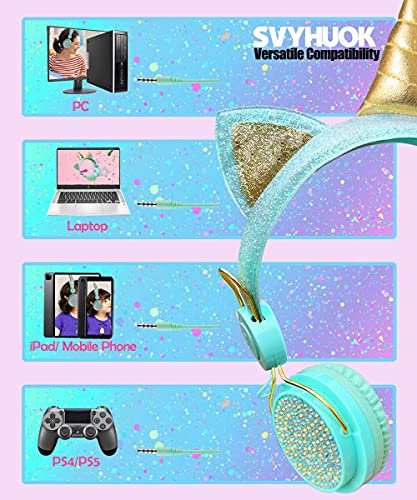 Girls Pink Unicorn Wired Headphones,Cute Cat Ear Kids Game Headset for Boys Teens Tablet Laptop PC,Over Ear Children Headset withMic,for School Birthday Xmas Gifts (Unicorn-Green)