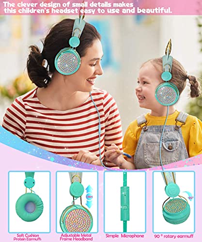 Girls Pink Unicorn Wired Headphones,Cute Cat Ear Kids Game Headset for Boys Teens Tablet Laptop PC,Over Ear Children Headset withMic,for School Birthday Xmas Gifts (Unicorn-Green)