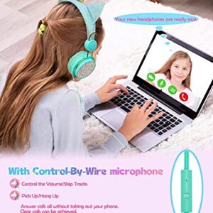 Girls Pink Unicorn Wired Headphones,Cute Cat Ear Kids Game Headset for Boys Teens Tablet Laptop PC,Over Ear Children Headset withMic,for School Birthday Xmas Gifts (Unicorn-Green)