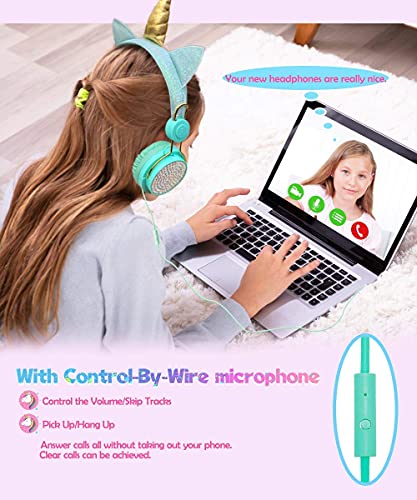 Girls Pink Unicorn Wired Headphones,Cute Cat Ear Kids Game Headset for Boys Teens Tablet Laptop PC,Over Ear Children Headset withMic,for School Birthday Xmas Gifts (Unicorn-Green)