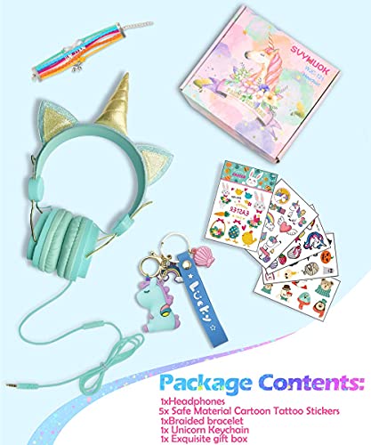 Girls Pink Unicorn Wired Headphones,Cute Cat Ear Kids Game Headset for Boys Teens Tablet Laptop PC,Over Ear Children Headset withMic,for School Birthday Xmas Gifts (Unicorn-Green)