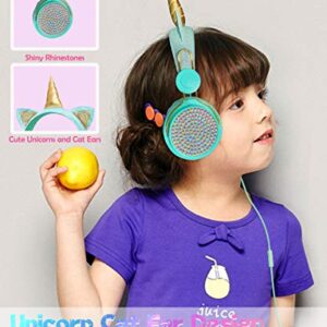 Girls Pink Unicorn Wired Headphones,Cute Cat Ear Kids Game Headset for Boys Teens Tablet Laptop PC,Over Ear Children Headset withMic,for School Birthday Xmas Gifts (Unicorn-Green)