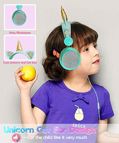 Girls Pink Unicorn Wired Headphones,Cute Cat Ear Kids Game Headset for Boys Teens Tablet Laptop PC,Over Ear Children Headset withMic,for School Birthday Xmas Gifts (Unicorn-Green)