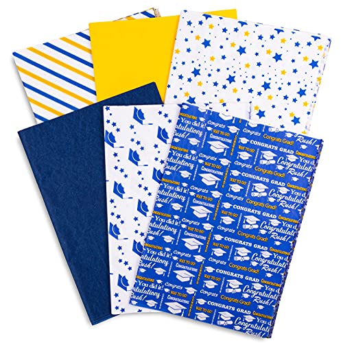 Whaline Graduation Tissue Paper Bulk 6 Style Gift Wrapping Paper White Blue Gold Congrats Grad Star Grad Cap Decorative Art Tissue for DIY Crafts Graduation Party Gift Packing Supplies, 90 Sheet