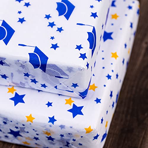 Whaline Graduation Tissue Paper Bulk 6 Style Gift Wrapping Paper White Blue Gold Congrats Grad Star Grad Cap Decorative Art Tissue for DIY Crafts Graduation Party Gift Packing Supplies, 90 Sheet