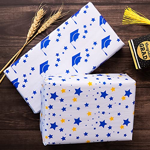 Whaline Graduation Tissue Paper Bulk 6 Style Gift Wrapping Paper White Blue Gold Congrats Grad Star Grad Cap Decorative Art Tissue for DIY Crafts Graduation Party Gift Packing Supplies, 90 Sheet