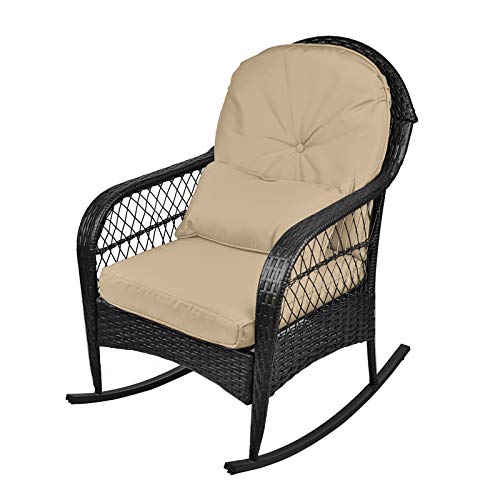 BAIJIAWEI B Outdoor Wicker Rocking Chair - Garden Patio Yard Porch Lawn Balcony Backyard Furniture All- Weather Wicker Rocker Chair with Cushions(1PC,Khaki)