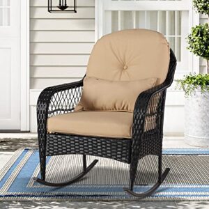 baijiawei b outdoor wicker rocking chair - garden patio yard porch lawn balcony backyard furniture all- weather wicker rocker chair with cushions(1pc,khaki)