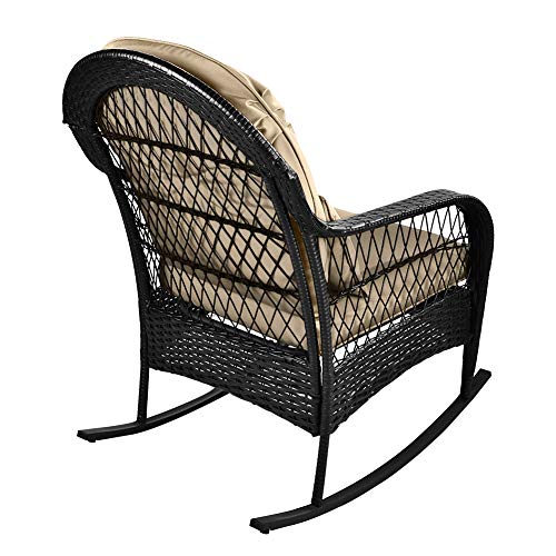 BAIJIAWEI B Outdoor Wicker Rocking Chair - Garden Patio Yard Porch Lawn Balcony Backyard Furniture All- Weather Wicker Rocker Chair with Cushions(1PC,Khaki)