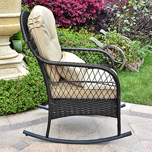 BAIJIAWEI B Outdoor Wicker Rocking Chair - Garden Patio Yard Porch Lawn Balcony Backyard Furniture All- Weather Wicker Rocker Chair with Cushions(1PC,Khaki)