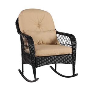 BAIJIAWEI B Outdoor Wicker Rocking Chair - Garden Patio Yard Porch Lawn Balcony Backyard Furniture All- Weather Wicker Rocker Chair with Cushions(1PC,Khaki)