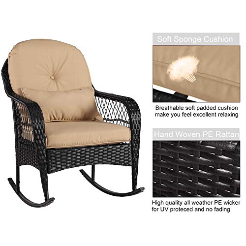 BAIJIAWEI B Outdoor Wicker Rocking Chair - Garden Patio Yard Porch Lawn Balcony Backyard Furniture All- Weather Wicker Rocker Chair with Cushions(1PC,Khaki)