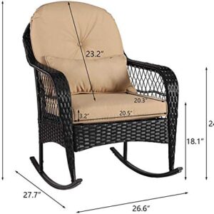 BAIJIAWEI B Outdoor Wicker Rocking Chair - Garden Patio Yard Porch Lawn Balcony Backyard Furniture All- Weather Wicker Rocker Chair with Cushions(1PC,Khaki)